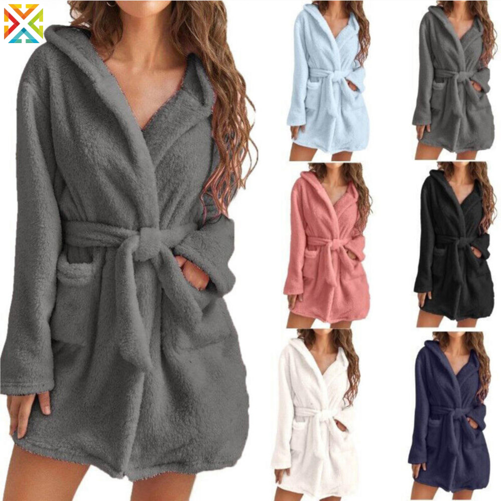 ผู้หญิงฤดูหนาว Fluffy Bath Robe สุภาพสตรี Hooded Dressing Gown Warm ...