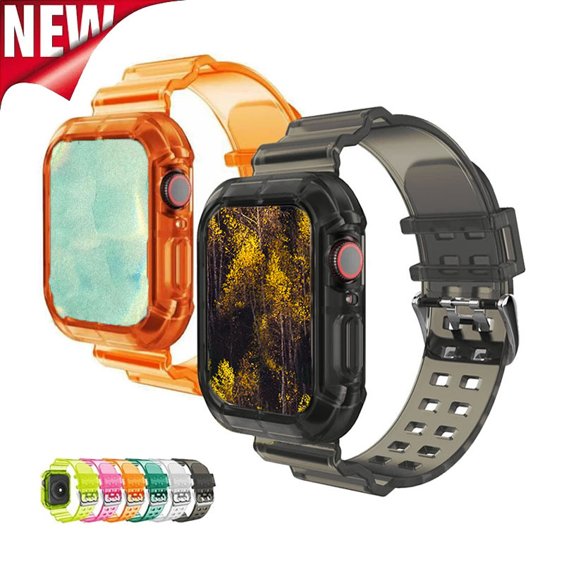 สายซิลิโคนใส + เคส เข้ากันได้กับ Apple Watch Series 10 9 8 7 6 SE 5 4 3 ...