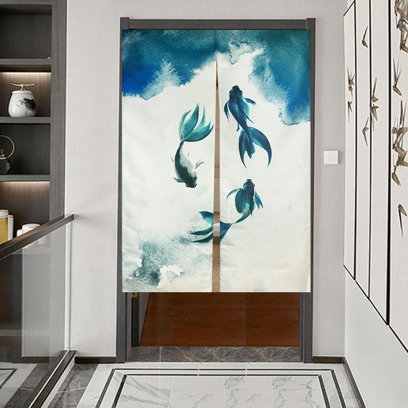 หมึกจีน Koi Fish พิมพ์ญี่ปุ่น Noren Doorway แยกห้องครัวแขวนผ้าม่านผ้า ...