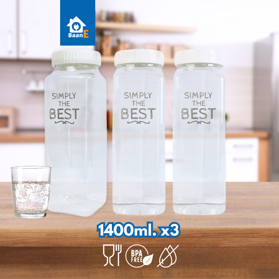 BaanE ขวดน้ำพลาสติก ความจุ 1400 มล. แพ็คละ 3 ชิ้น วางนอนได้ ฟู้ดเกรด ...