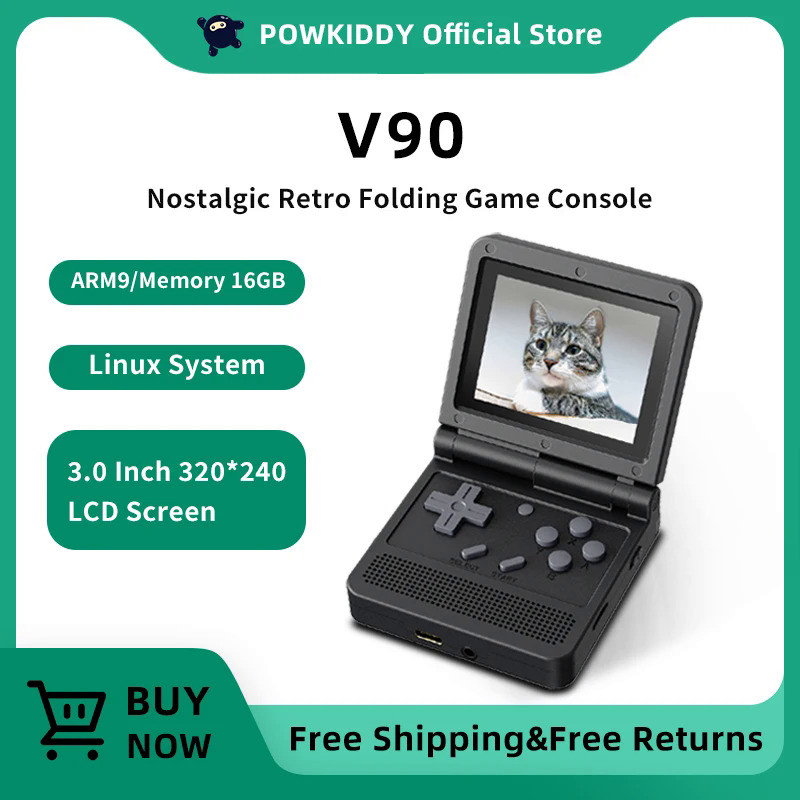 POWKIDDY v90 Black Version 3-Inch IPS Screen Flip Handheld Console Open ...