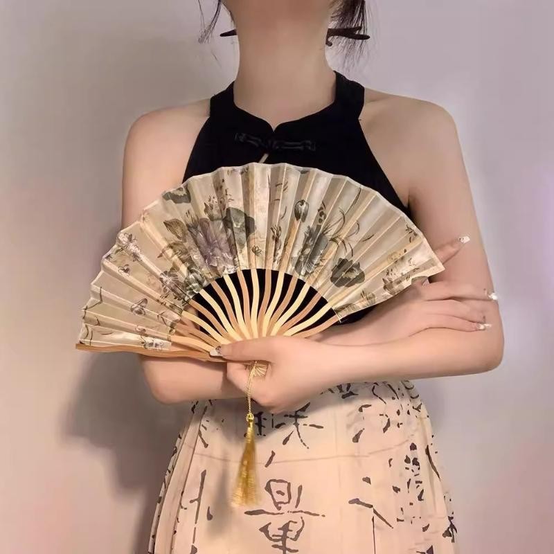 SETH พัดลมพับมือแบบพกพาใหม่สไตล์จีน Dance Props Retro Shell พัดลมผู้หญิงผู้ชายดอกไม้ผ้าไหมพัดลม ...