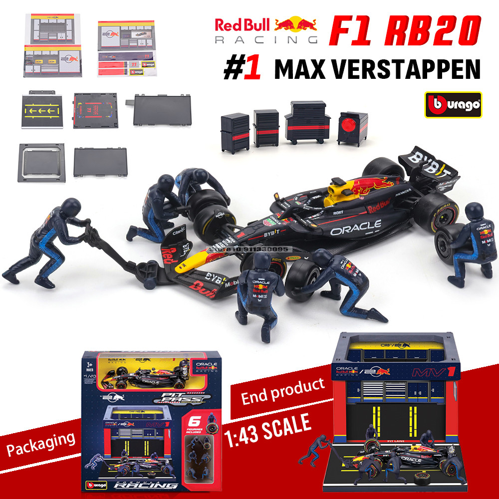 Bburago 1:43 2024 Red Bull F1 RB20 DIY Pit House โลหะผสมรถหรู die cast ...