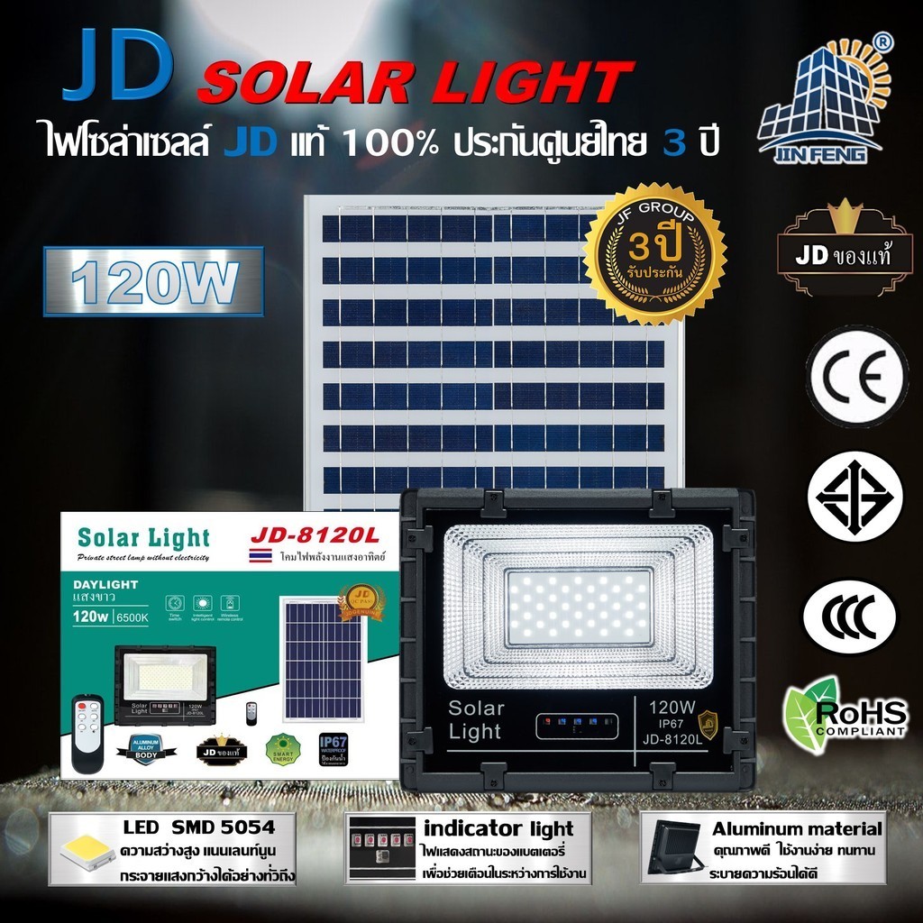 JD-8120L 120W JD SOLAR LIGHT LED รุ่นใหม่ JD-L ใช้พลังงานแสงอาทิตย์100% โคมไฟสนาม โคมไฟสปอร์ต ...