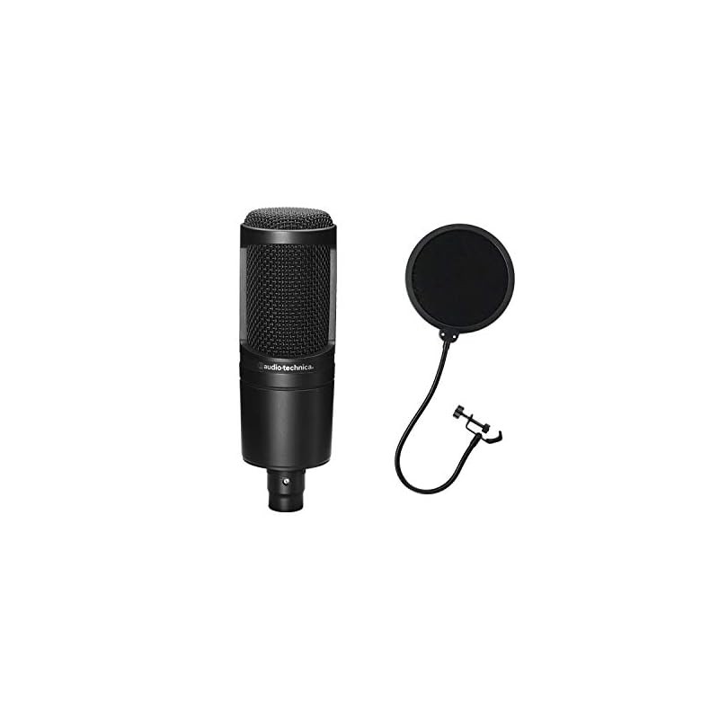 Audio-Technica condenser microphone AT2020 with third-party pop guard ...