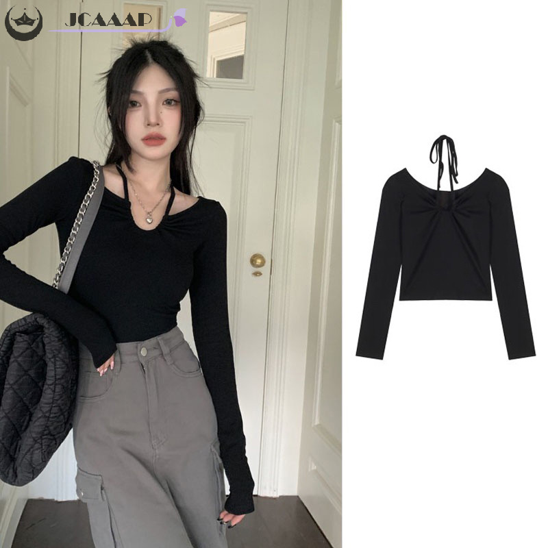 Ming ฤดูใบไม ้ ร ่ วงแฟชั ่ น Halter V คอเสื ้ อยืดผู ้ หญิงสีทึบแขนยาว Slim Crop Top TH ...