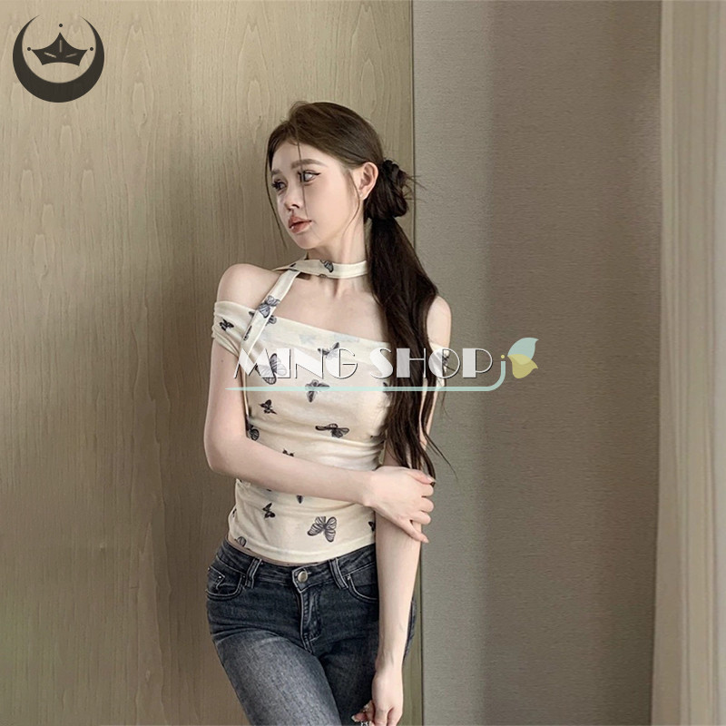 Ming ผีเสื้อ Pring เสื้อยืดผู้หญิง Slash คอ Lace-up Design สไตล์ฝรั่งเศสสุภาพสตรีเซ็กซี่ Chic ...