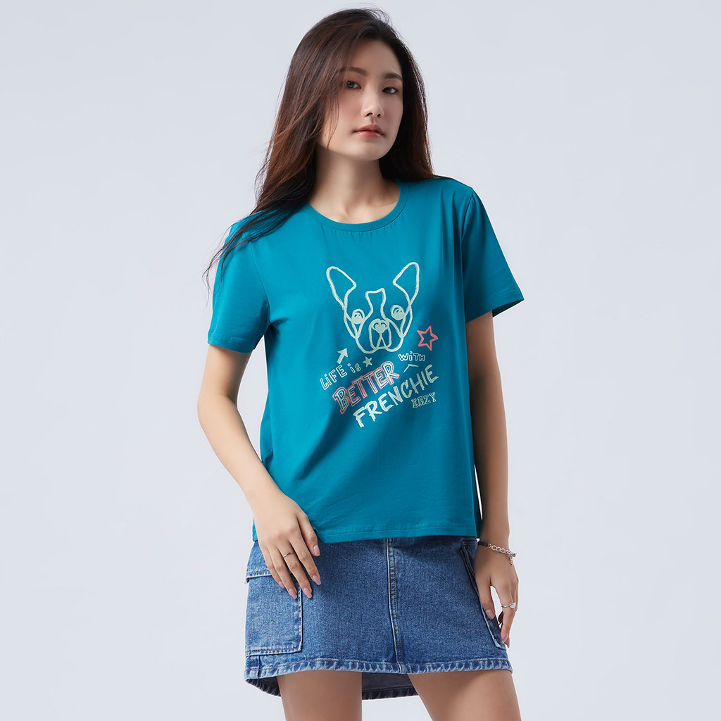 ESP เสื้อทีเชิ้ตลายเฟรนช์ชี่ ผู้หญิง สีเขียวเข้ม | Frenchie Print Tee ...
