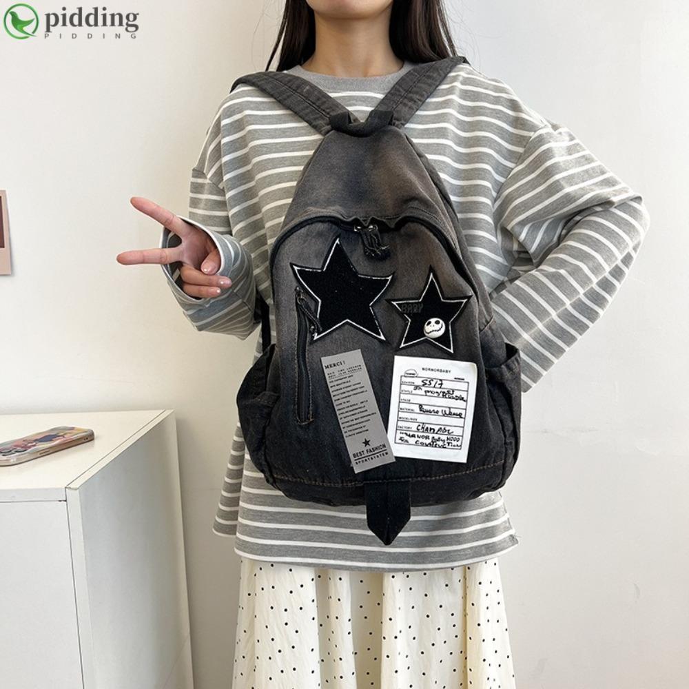 กระเป๋าเป้เดนิม Pidding สำหรับนักเรียน ดีไซน์ลายดาว ขนาดใหญ่ สไตล์ Y2K ...