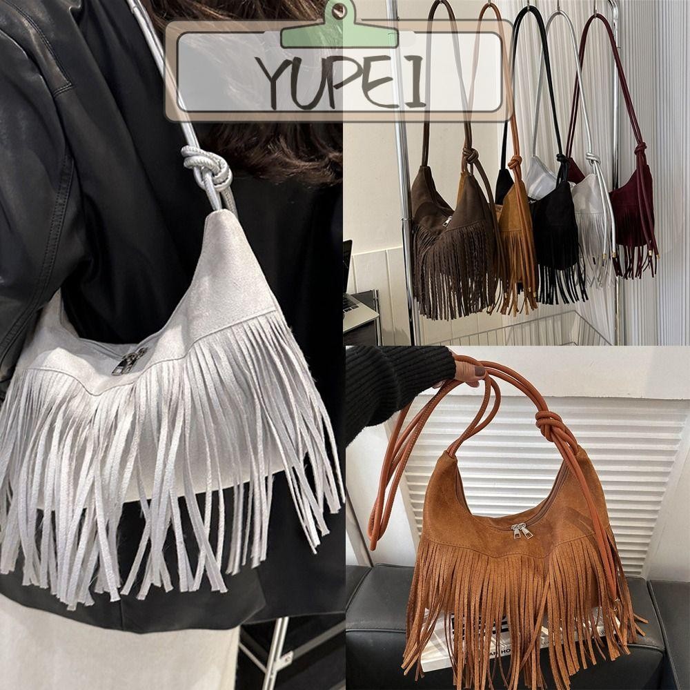 YUPEI Fringe กระเป๋าสะพายไหล่ขนาดใหญ่ ดีไซน์วินเทจ ทำจากผ้าสีทึบสำหรับสตรี | Shopee Thailand