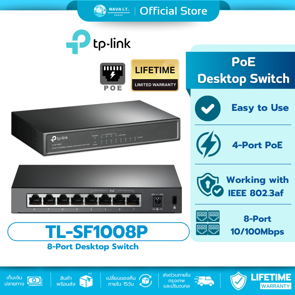 🛵มีส่งด่วน💨 TP-LINK TL-SF1008P 8-Port 10/100Mbps Desktop Switch with 4 ...