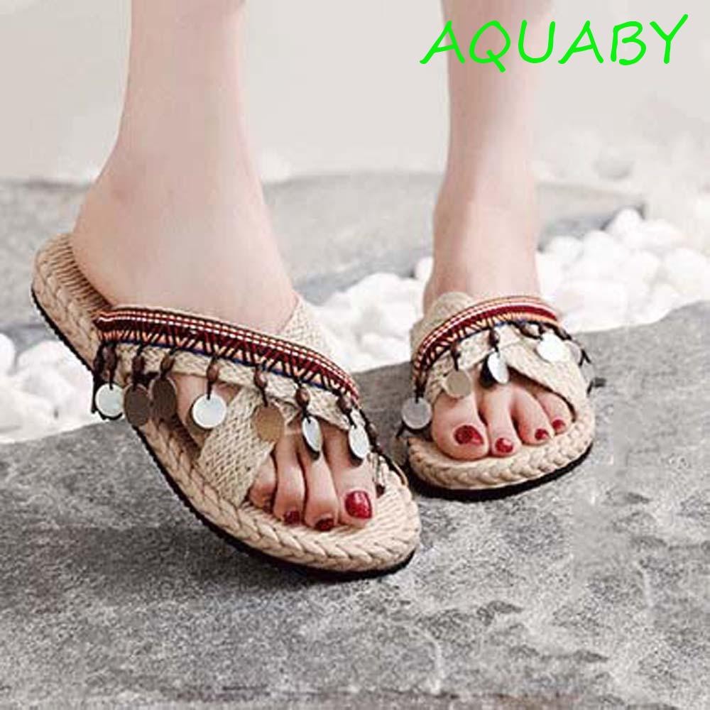 AQUABY รองเท้าแตะสไตล์โบฮีเมียน พู่พวง ทำจากเส้นใยขี้เหล็ก เหมาะสำหรับใช้ทั้งภายในบ้านและชายหาด ...