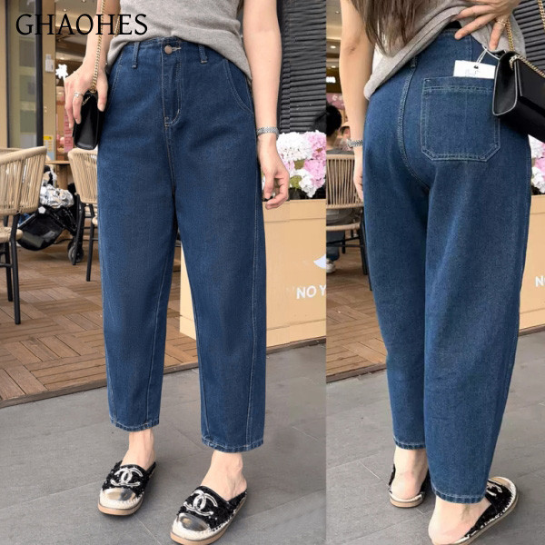 GHAOHES กางเกงยีนส์ยืด 9 ส่วน เอวสูงสไตล์วินเทจ ดูผอมสำหรับสาวไซส์ใหญ่ #V125 | Shopee Thailand