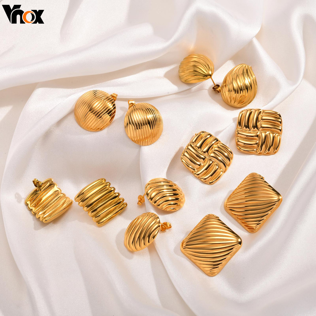 Vnox Vintage Geometric Stud ต่างหูสําหรับสาว,18K Gold Wave Line Square ...