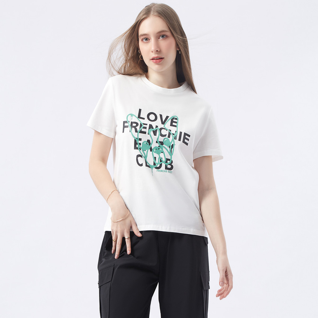 ESP เสื้อทีเชิ้ตลายเฟรนช์ชี่ อีซี่ ผู้หญิง สีขาว | Frenchie Eazy Print ...