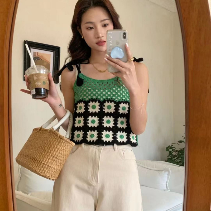 Retro ดอกไม้โครเชต์โครเชต์ Hollow Laced-Up ถักขนาดเล็ก Camisole ผู้หญิง ...