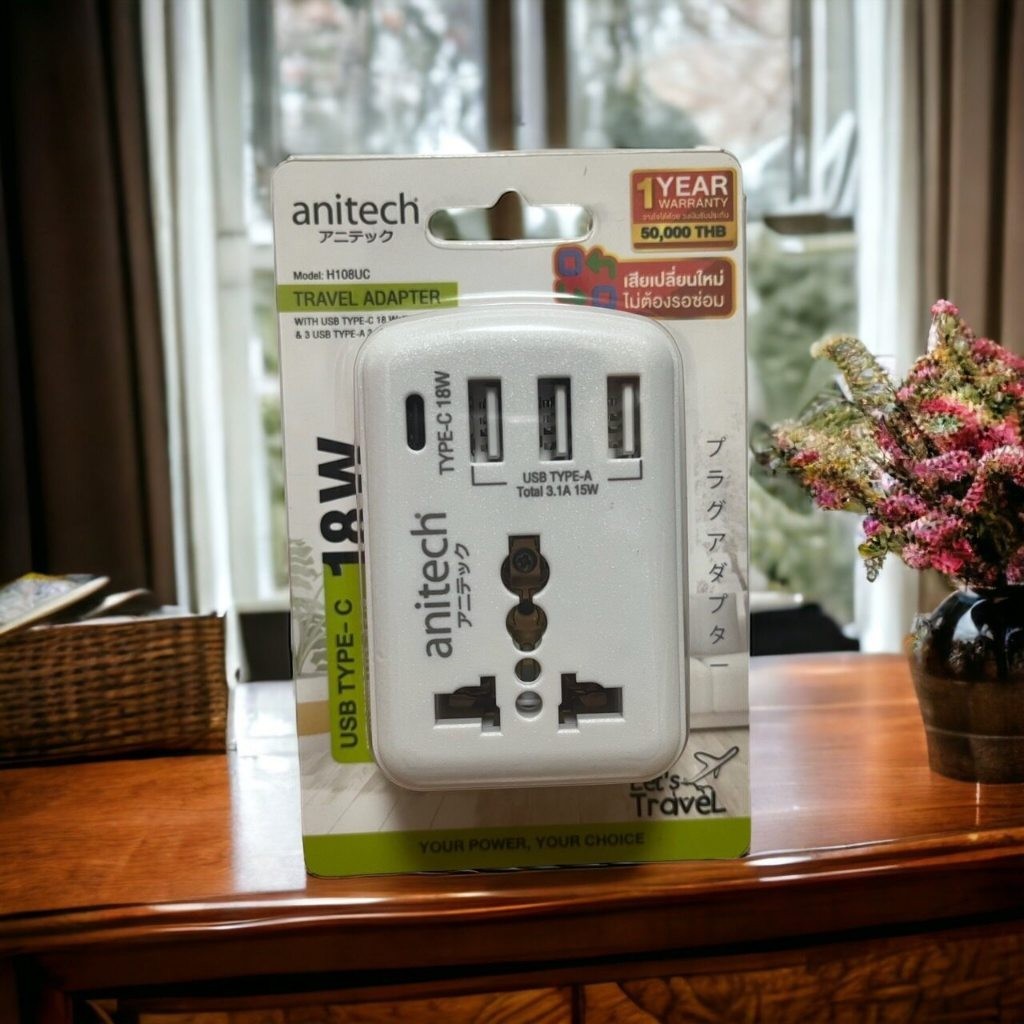 ตัวแปลง ANITECH แอนิเทค Universal travel adapter 1ช่อง 3USB A + 1Type C ...