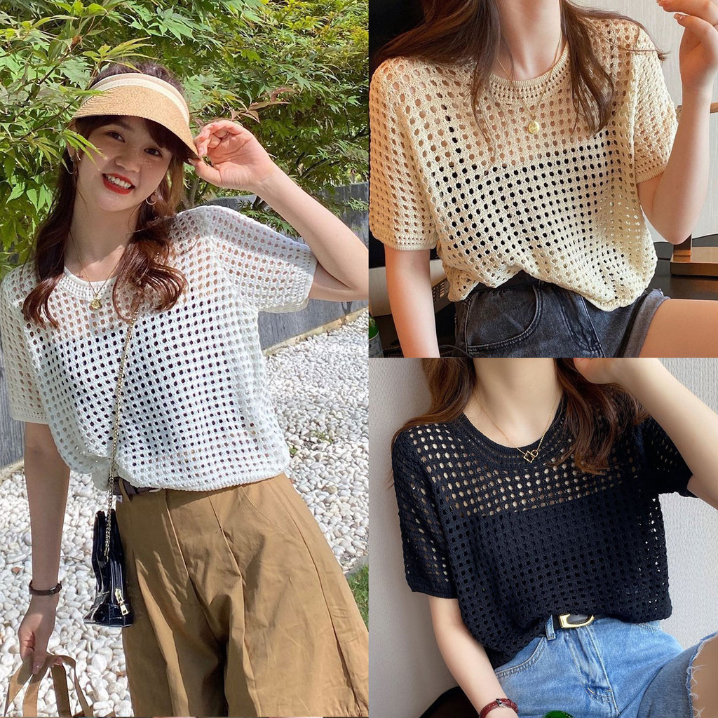 Dahong 💖 เสื้อแฟชั่นไหมพรมถักฉลุบางเบา แขนสั้น เสื้อไหมพรมตาข่าย ทรง ...