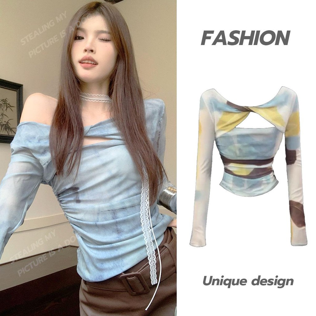 MIMI&DIDI#เสื้อยืดปาดไหล่สไตล์เกาหลีแฟชั่นแขนยาว เสื้อรัดรูปดูผ่านผ้าทูลลายมัดย้อมสายเดี่ยวเซ็ก ...