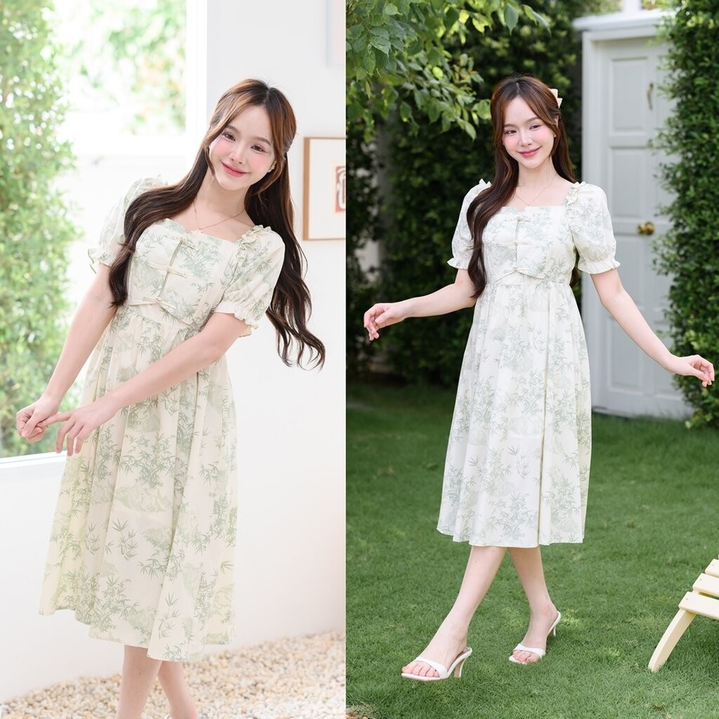 Ellie Leaves Dress เดรสกระดุมจีนลายใบไม้สีเขียวบนพื้นสีครีม | Shopee ...