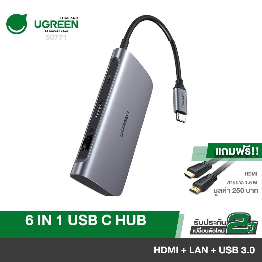 UGREEN รุ่น 50771 USB Hub 6 in 1 USB C 3.0 Multi Port HDMI 4K ,Gbs Lan ...