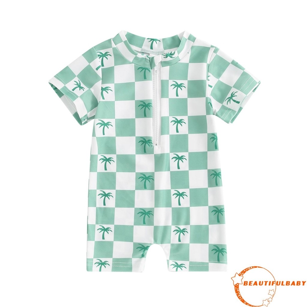 ความงาม-เด็กทารก Rash Guard ชุดว่ายน้ํา Rompers ซิปแขนสั้น Checkerboard ...