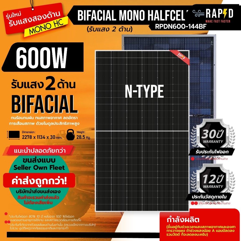 600W Bifacial N-TYPE รับแสง2ด้าน แผงโซล่าเซลล์ 600W Mono half cell แผง ...