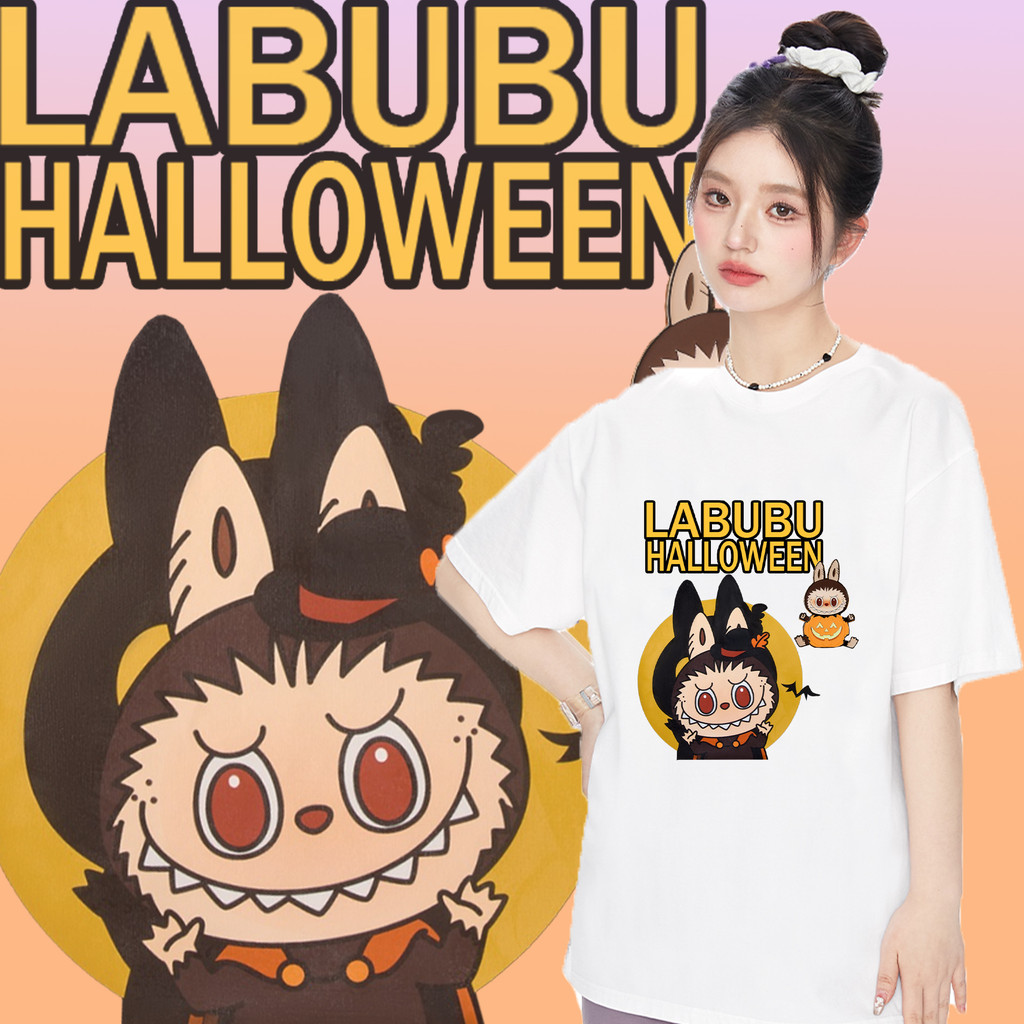 Cute Labubu &Halloween labubu เสื้อยืดแขนสั้นคอกลมผ้าฝ้ายพิมพ์ลาย วัสดุ ...