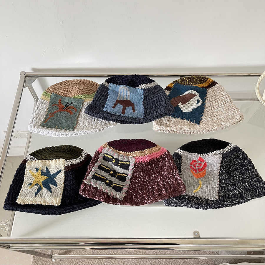 สไตล์ใหม่ ins Hand-Knitted Wool Bucket Hat หญิงเกาหลี Niche Retro Color ...