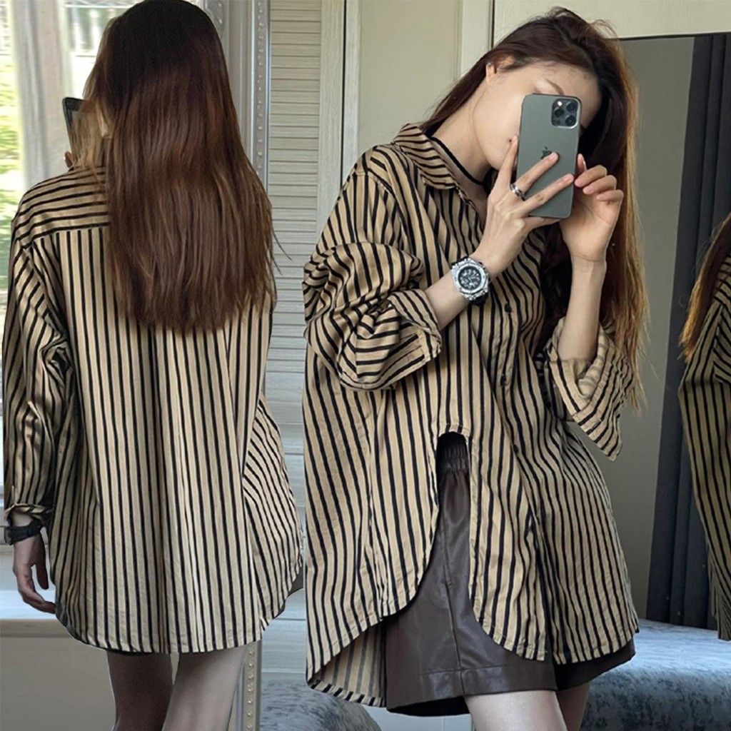 Lune_Grace เสื้อเชิ้ตแขนยาวลายริ้ว ดีเทลชายโค้งผ่าข้างสไตล์แฟนหนุ่ม แนวเกาหลี-พร้อมส่ง-รุ่นw430 ...