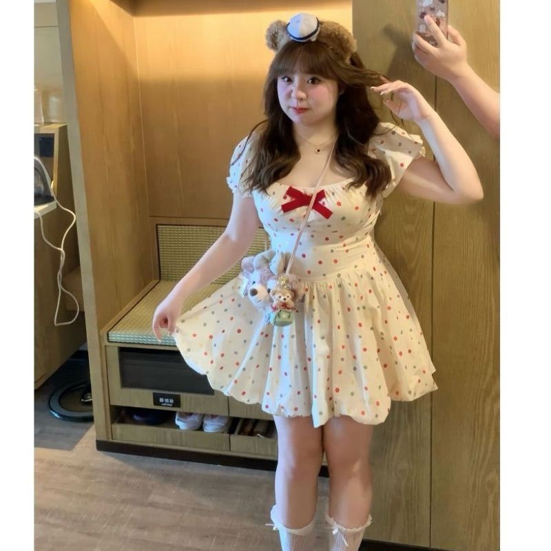 สาวอ้วน pulssize M-5XL Plus ขนาดไขมัน mm สีสัน Polka Dot หวานชุดเจ้าหญิงฤดูร้อน Slim-fit Slimmer ...