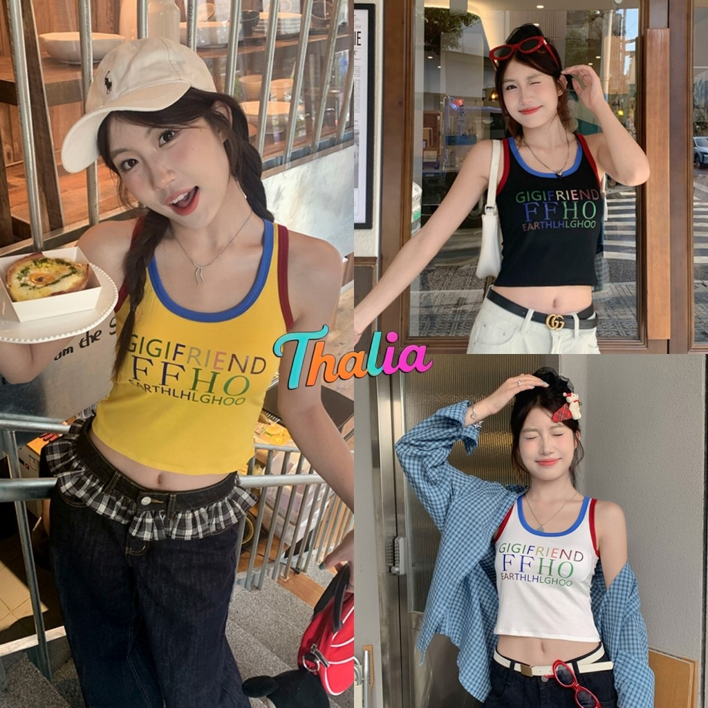 Thalia-เสื้อกล้าม มีฟองน้ำ ดีเทลสกีตัวอักษร slim fit เสื้อครอป ผ้านิ่ม ...
