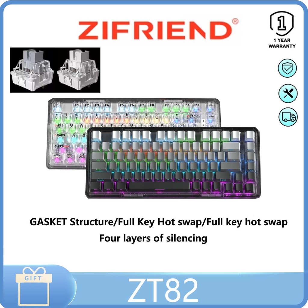 Zifriend ZT82 คีย์บอร์ดเชิงกลสามโหมดปะเก็นโครงสร้าง RGB hot swap เกมแบบ ...