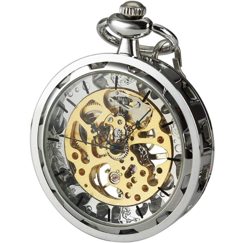 Mens Classic Steampunk Pocket Watch with Chain Skeleton Hand Wind ...