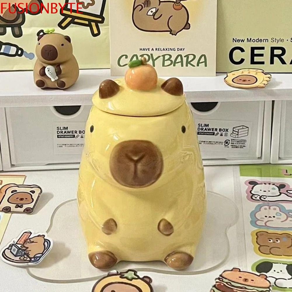Fusionbyte Capybara แก้วน่ารักการ์ตูนถ้วยเซรามิคตลกสัตว์ 3D รูปร่างสีเหลืองพร้อมฝาปิดแก้วนม ...