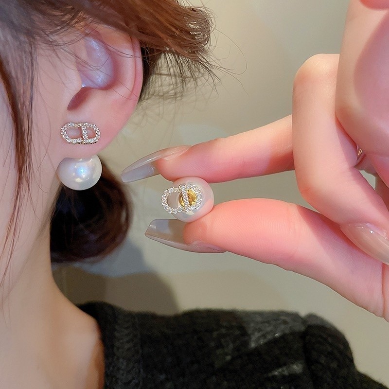 2023แฟชั่นด้านหน้าและด้านหลังมุกเพทาย S925ต่างหูชุบเงิน | Shopee Thailand