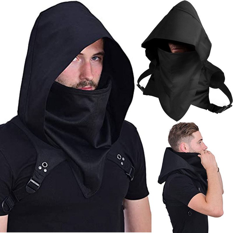 เสื้อคลุมมีฮู้ดคอสเพลย์โจรสลัดวินเทจยุคกลางของผู้ชาย Black Cyberpunk ...