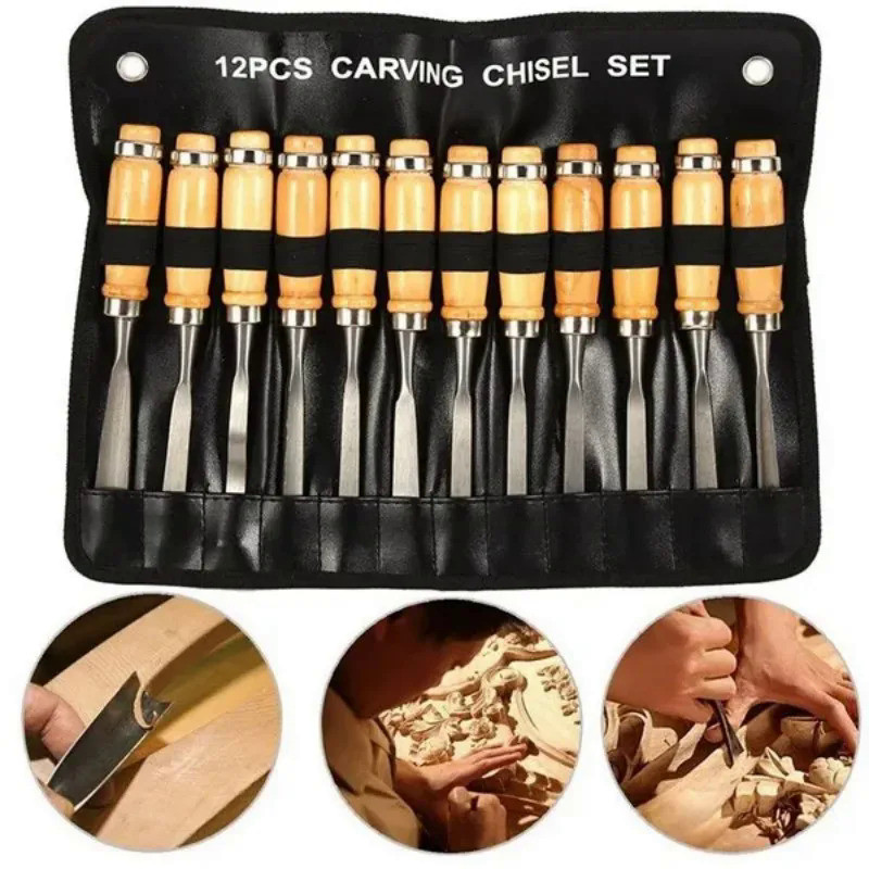 12PCS/Set Wood Carving Hand Chisel Set Woodworking Lathe Gouges Tools ...