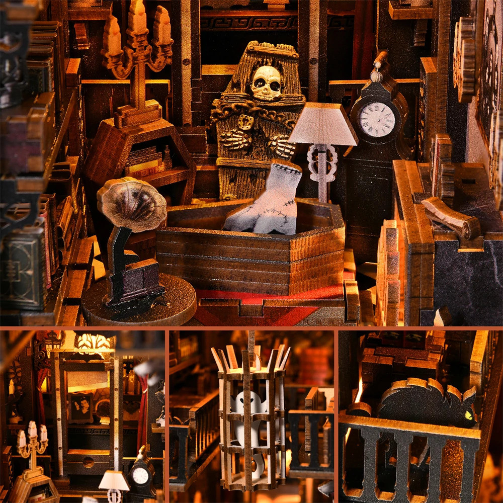 ฮาโลวีนธีม Addams Family Book Nook DIY Kit ปริศนาไม้ Wednesday ชั้นวาง ...