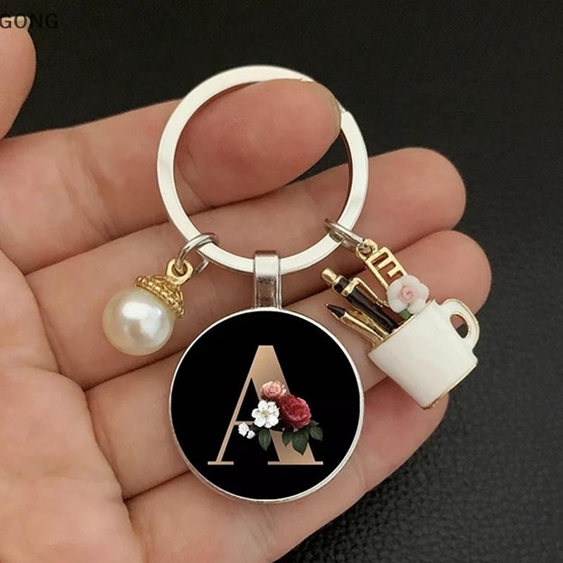 GONG AZ ตัวอักษรเลียนแบบ Pearl Key Chain Charm เคลือบ 26 ตัวอักษร Key ...