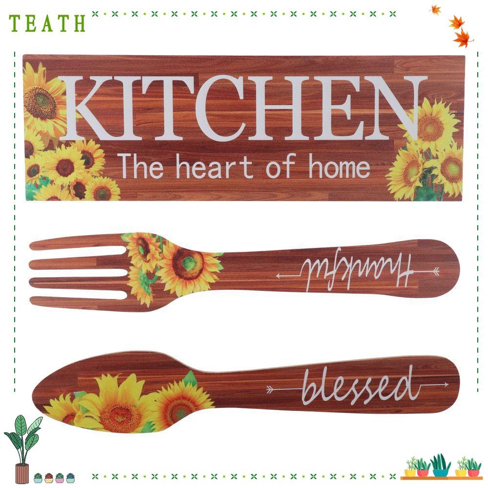Teath 3 ชิ้นห้องครัว Blessed Thankful ป้ายไม้, ส้อมสีน้ําตาล, ช้อนตก ...