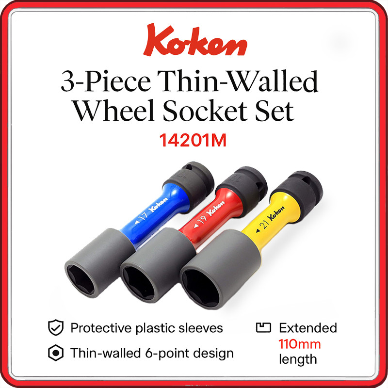 Koken 14201M 3-Piece Thin-Walled Wheel Socket Set – 17mm, 19mm, 21mm Color-Coded Cr-Mo Impact ...