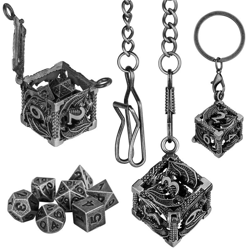 Tiny 7pcs Polyhedral Metal D&D Dice Set with Portable Keychain Hollow ...