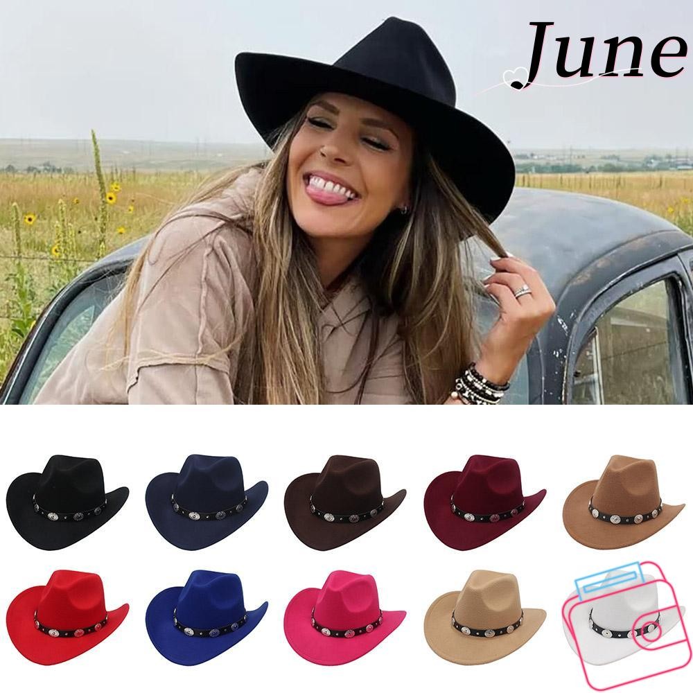 June Western หมวกคาวบอย, กว้าง Brim Upturned Brim Fedora กับ Faux ...
