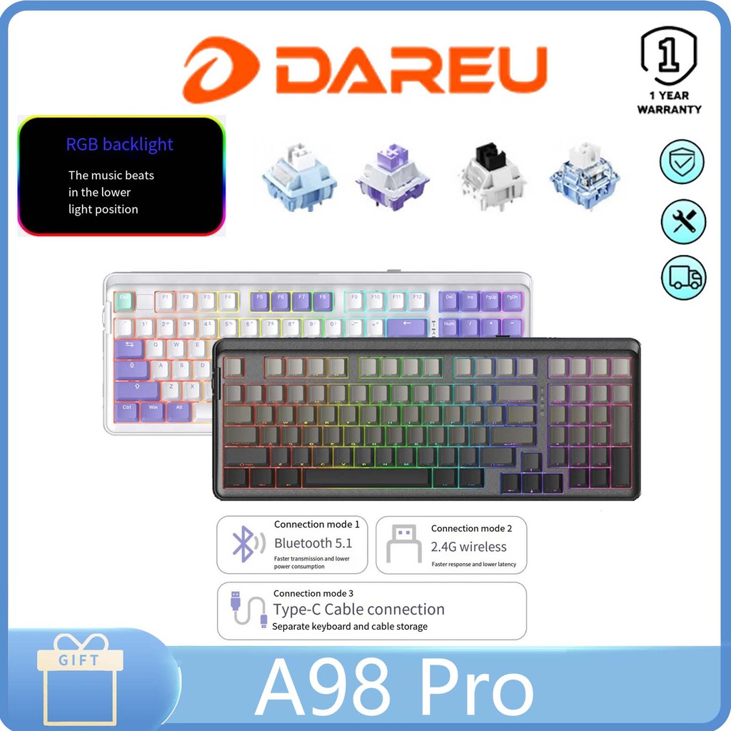 Dareu A98 Pro คีย์บอร์ดสามโหมดคีย์บอร์ดปะเก็นโครงสร้างเกมสํานักงานที่กําหนดเองคีย์บอร์ด hot ...