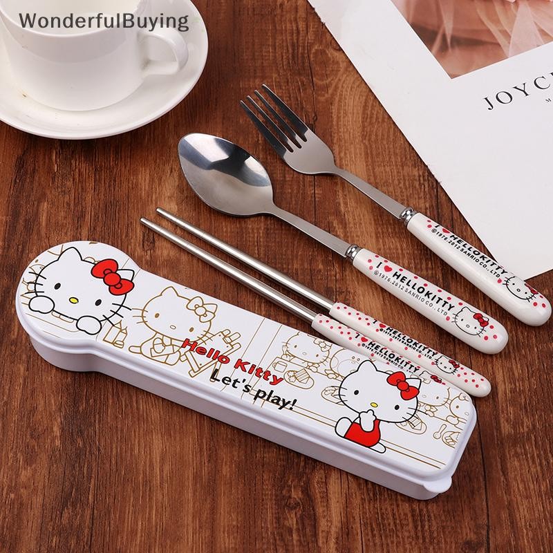 Wbth Kawaii Hello Kitty Chops ช้อนส้อม Sanrio KT แมวชุดอาหารเย็นแบบพกพา ...