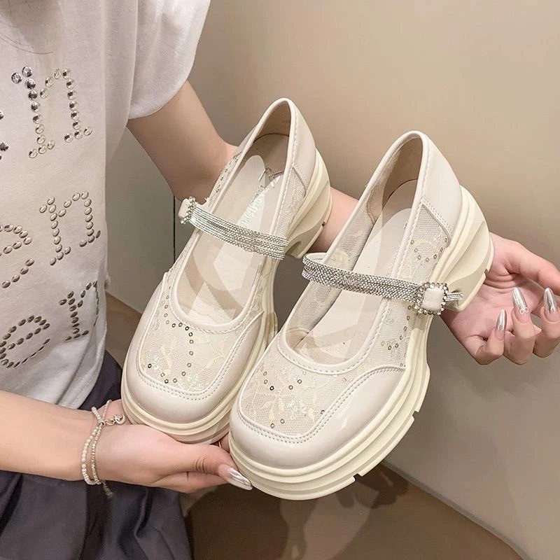 TX604 รองเท้าส้นสูงแมรี่เจน ผ้ากอซลูกไม ส้นหนา6cm รอบนิ้วเท้าหนาแฟชั่น ...