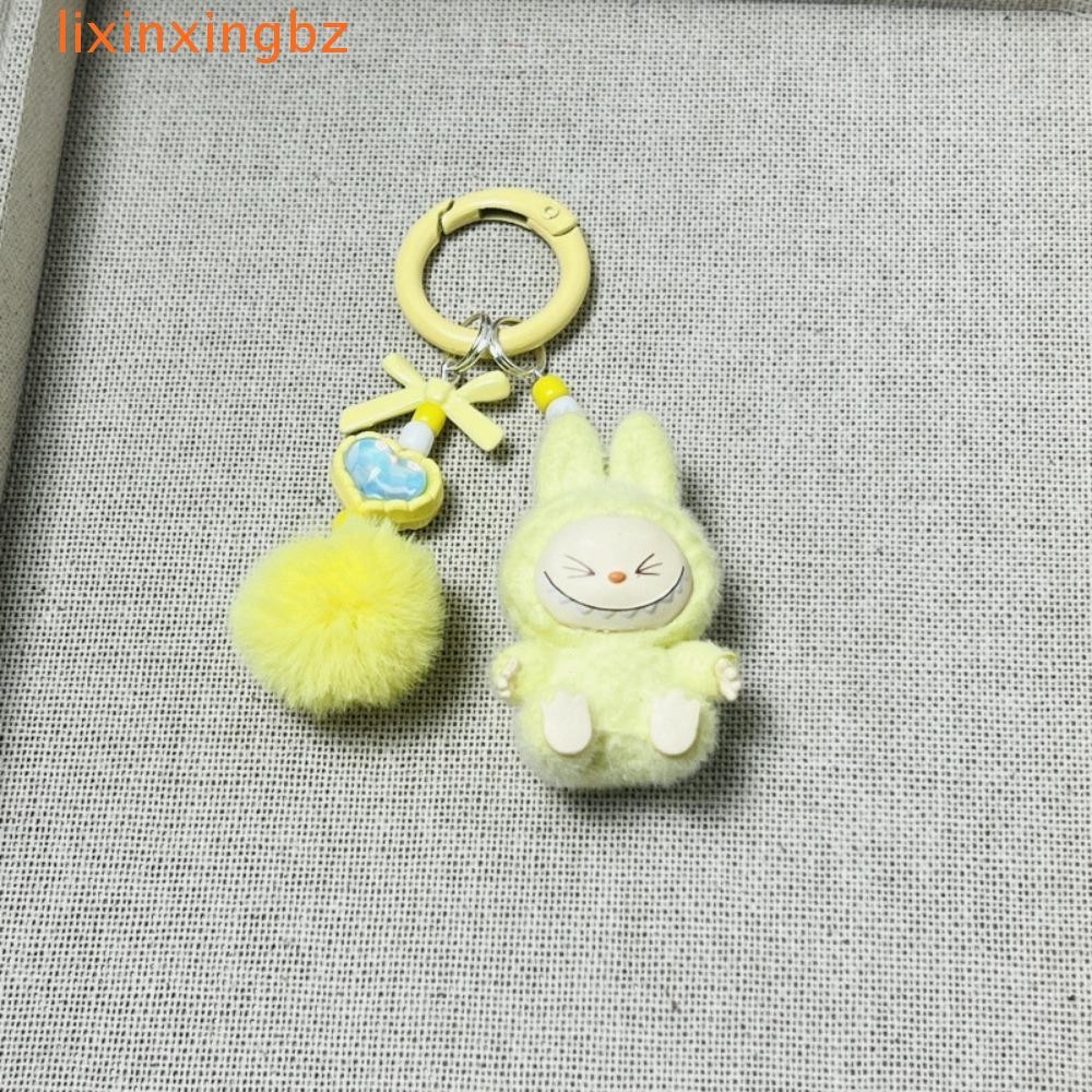 LIXINXINGBZ Flocking Labubu พวงกุญแจ, ซิลิกาเจล Kawaii นั่งลง Labubu จี้, น่ารัก Handmade ...
