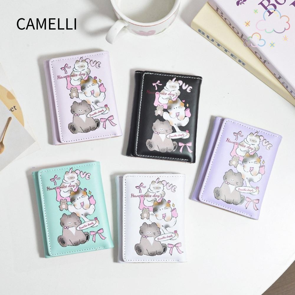 CAMELLI บัตรเครดิต Holoder, PU หนังกระเป๋าใส่เหรียญเงินกันน้ํา,การ์ตูน 3 พับถุงของขวัญนักเรียน ...
