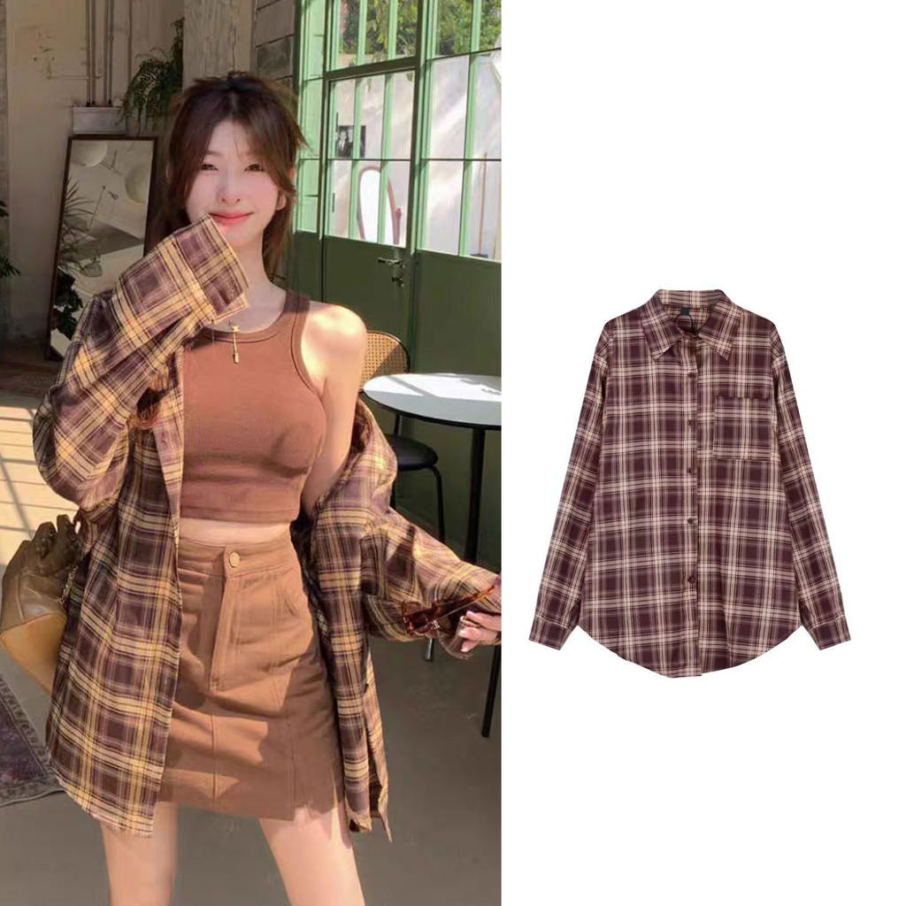 Dahong ⭐W457 เสื้อเชิ้ตแขนยาวลายสก๊อตย้อนยุคสำหรับผู้หญิง เสื้อคอปก ...